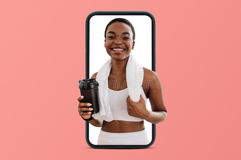 Happy Millennial Black Woman With Towel And Bottle Of Water Or Protein