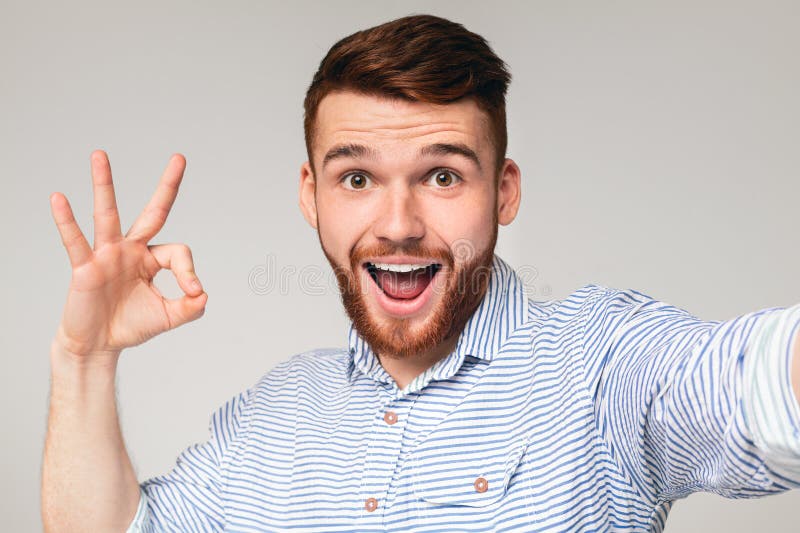Happy Millennial Guy Showing OK Sign on Camera Stock Image - Image of ...