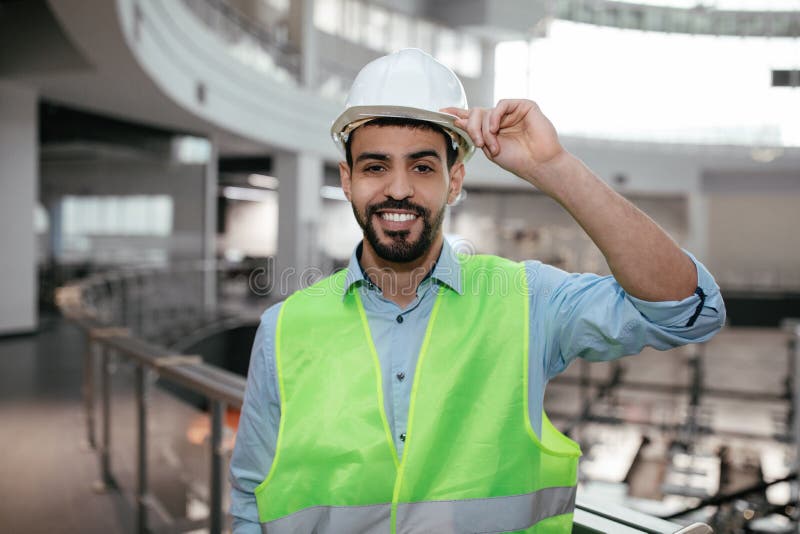 Happy Millennial Middle Eastern Builder Engineer with Beard in ...