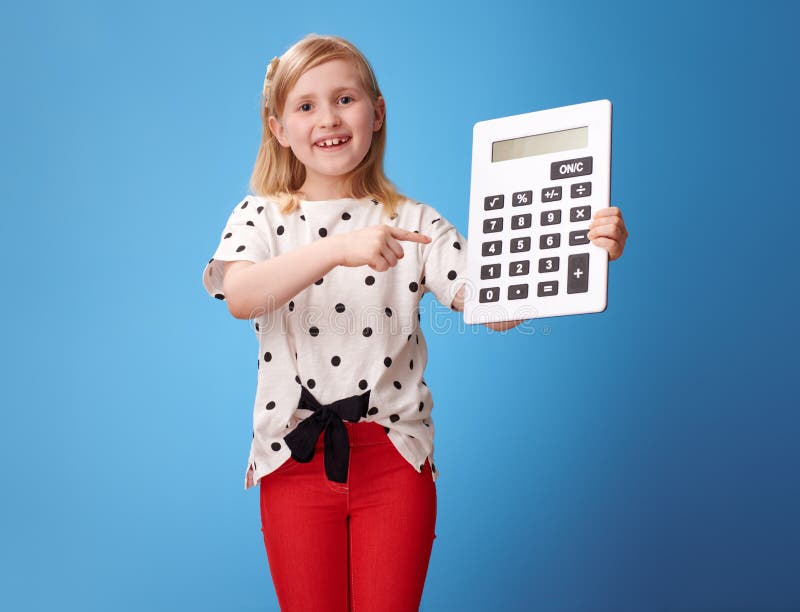 Happy Modern Child in Red Pants on Blue Pointing at Calculator Stock ...
