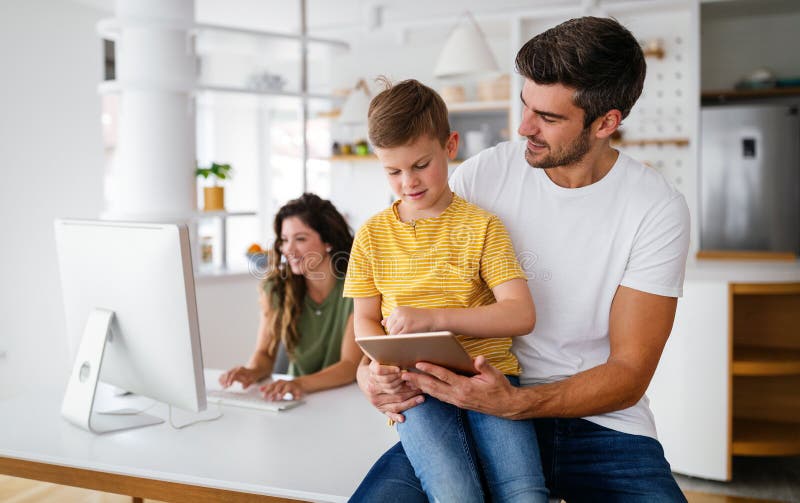 Happy Modern Family Using Computer Together at Home Stock Photo - Image ...