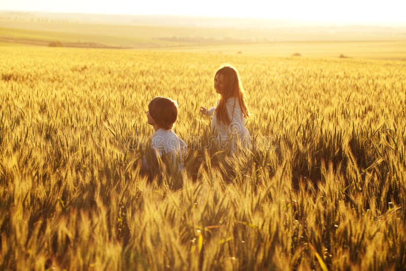 Happy Mom and Son Run through a Field of Rye in the Rays Stock Image ...