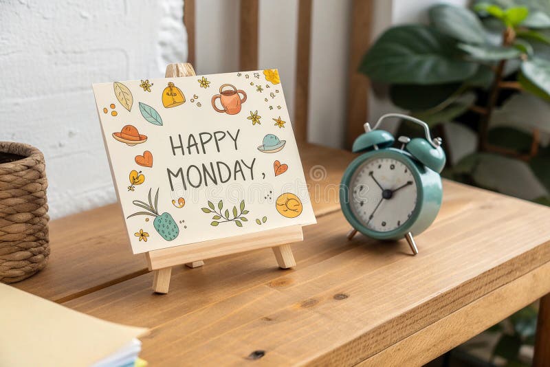 Happy Monday Card on Easel with Rustic Wooden Background Stock Photo ...