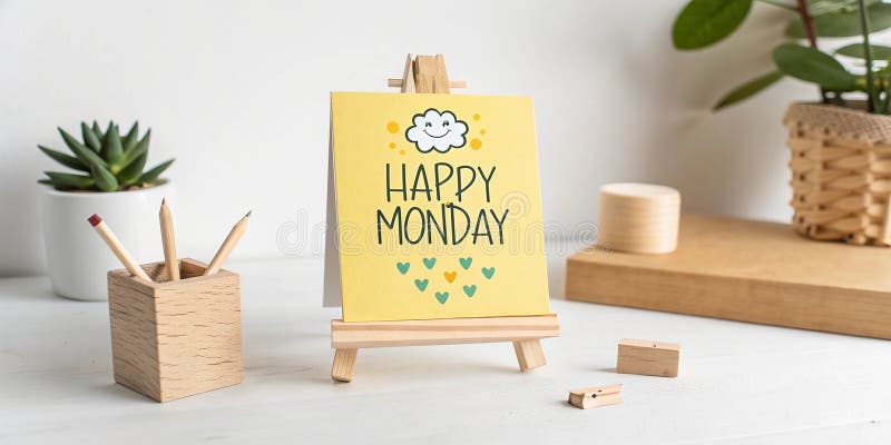 Happy Monday Card on Easel with Rustic Wooden Background Stock Image ...
