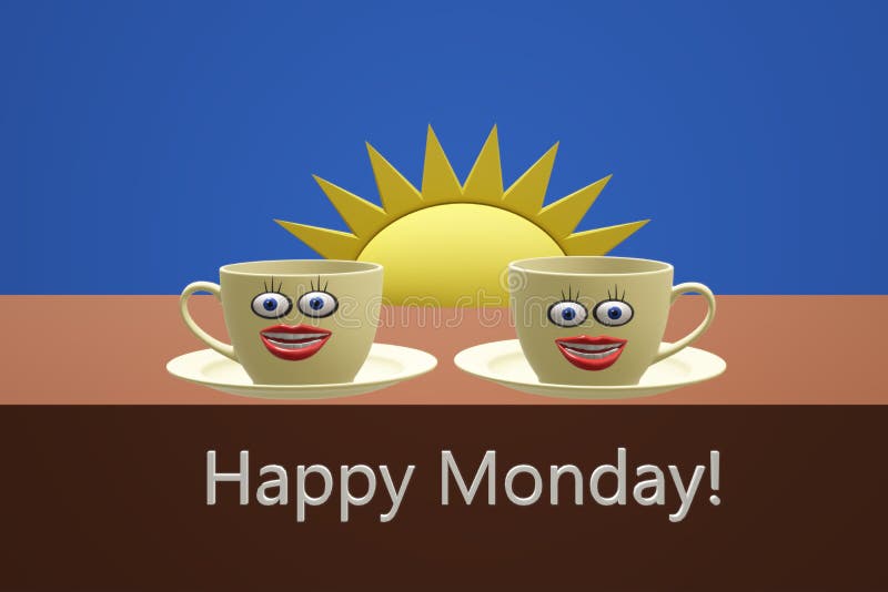 Happy Monday Concept with Two Mugs on a Table and Sun Behind. Stock ...