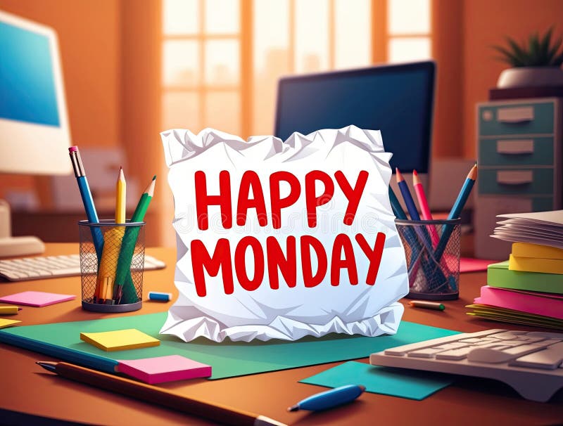 Happy Monday in Illustration Writing Style with Office Desk Background ...