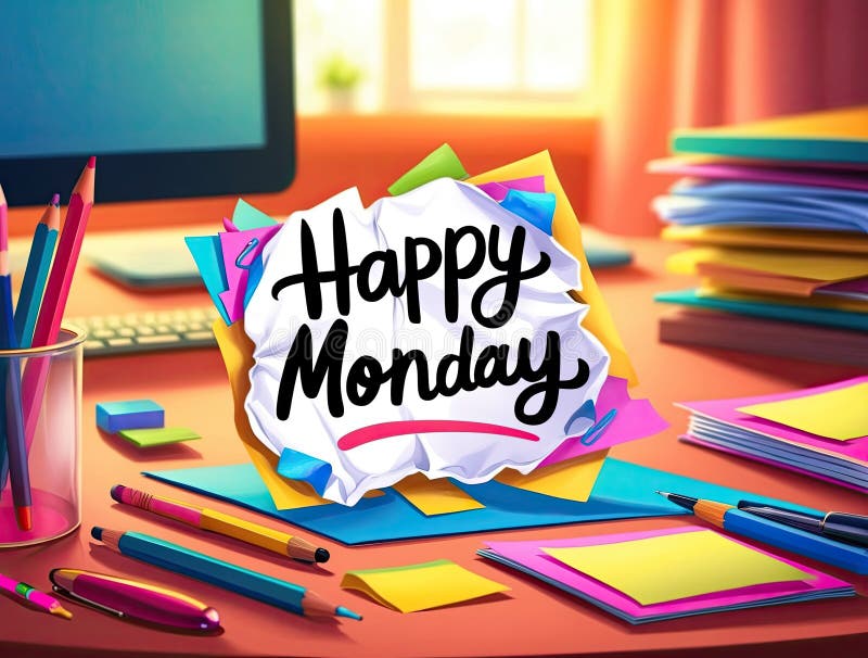 Happy Monday in Illustration Writing Style with Office Desk Background ...