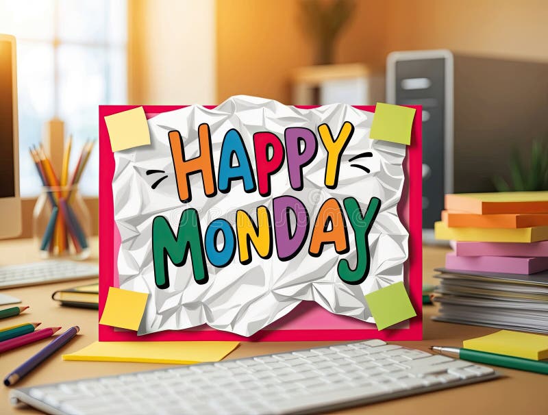 Happy Monday in Illustration Writing Style with Office Desk Background ...