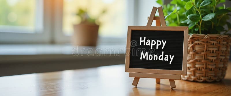 "Happy Monday Message on Framed Board in Cozy Home Office with Plant ...
