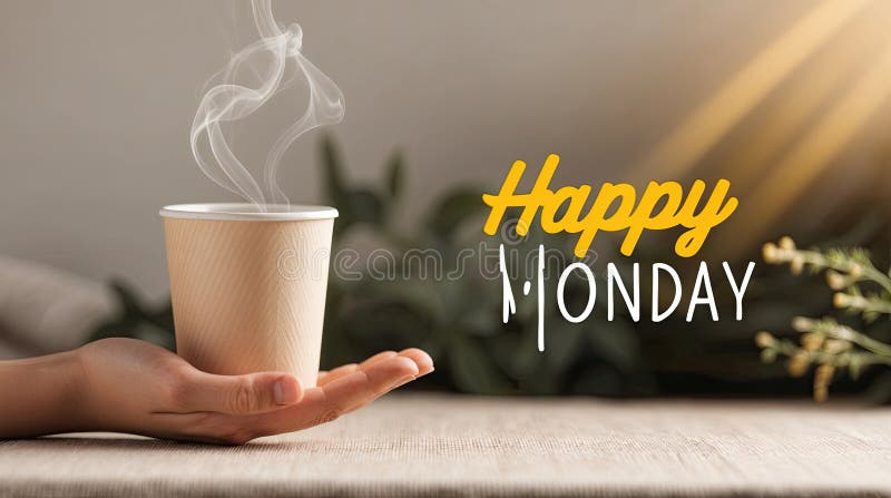 Happy Monday Text with a Hand Holding a Coffee Paper Cup Stock ...