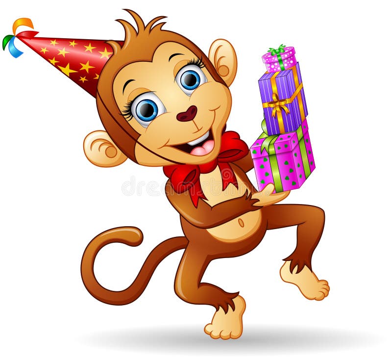 Happy Monkey Cartoon Celebrating Birthday Stock Vector - Illustration ...