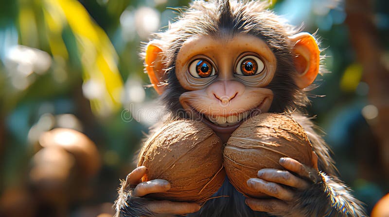 Happy Monkey Holding Coconuts in Jungle, Animation, Advertisement Stock ...