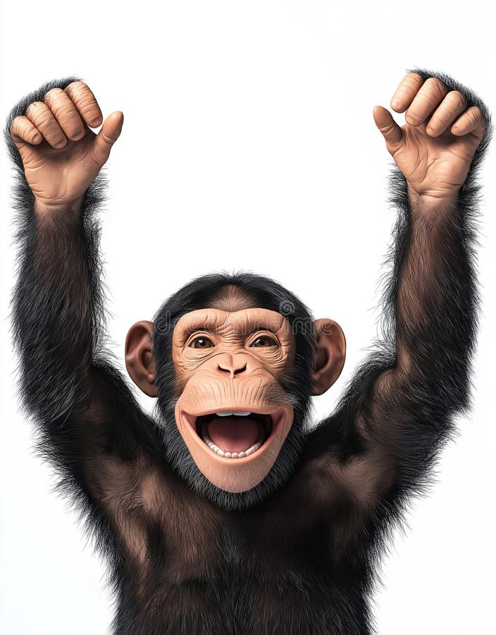 Happy Monkey with Raised Arms Celebrating Joyfully Against White ...