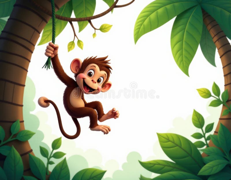Happy Monkey Swinging on a Vine Stock Illustration - Illustration of ...