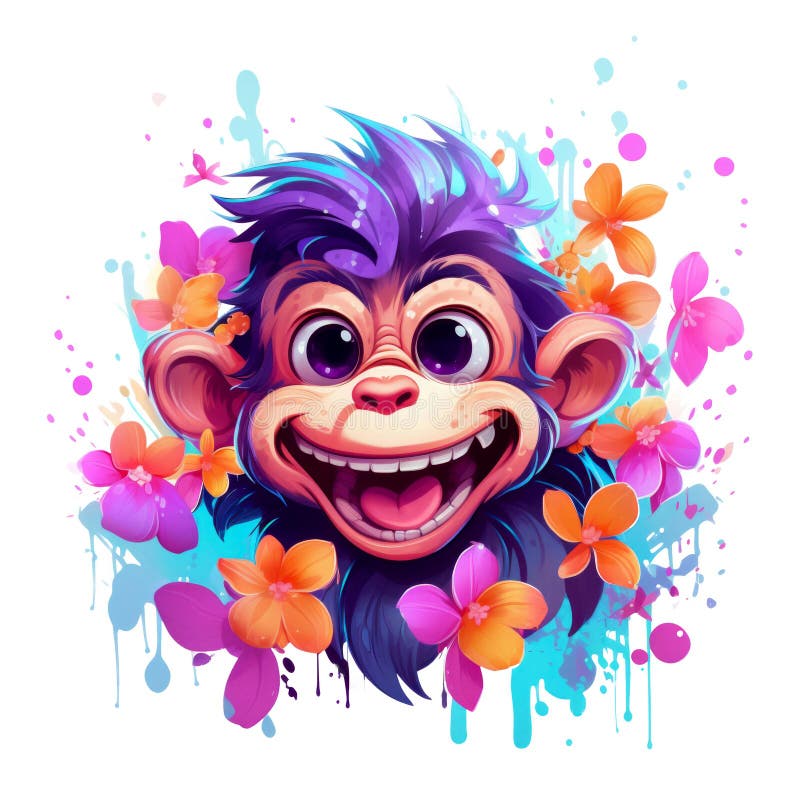 Happy Monkey with Tropical Flowers Illustration Stock Image - Image of ...