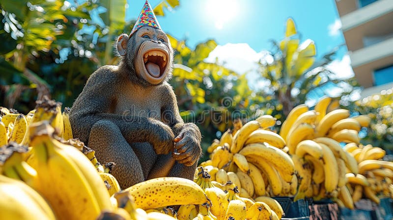 Happy Monkey Wearing Party Hat Surrounded by Bananas Stock Illustration - Illustration of ...