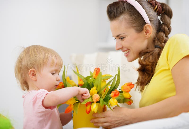 Happy Mother and Baby Making Decoration Stock Image - Image of ...