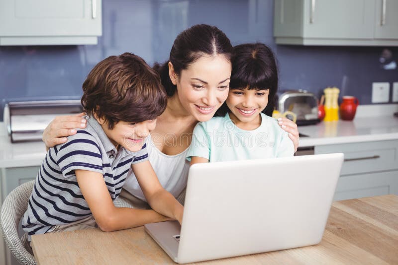 Happy Mother and Children Working on Laptop Stock Image - Image of girl ...
