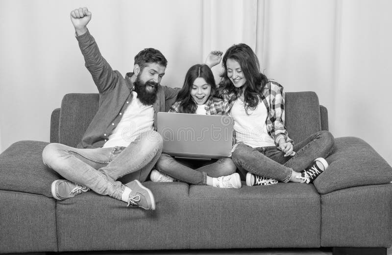 Happy Mother Father and Daughter Use Computer, Family Stock Image ...