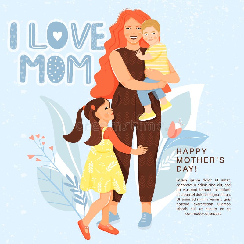 Happy Mother’s Day Greeting Card Beautiful Mother With Daughter Son