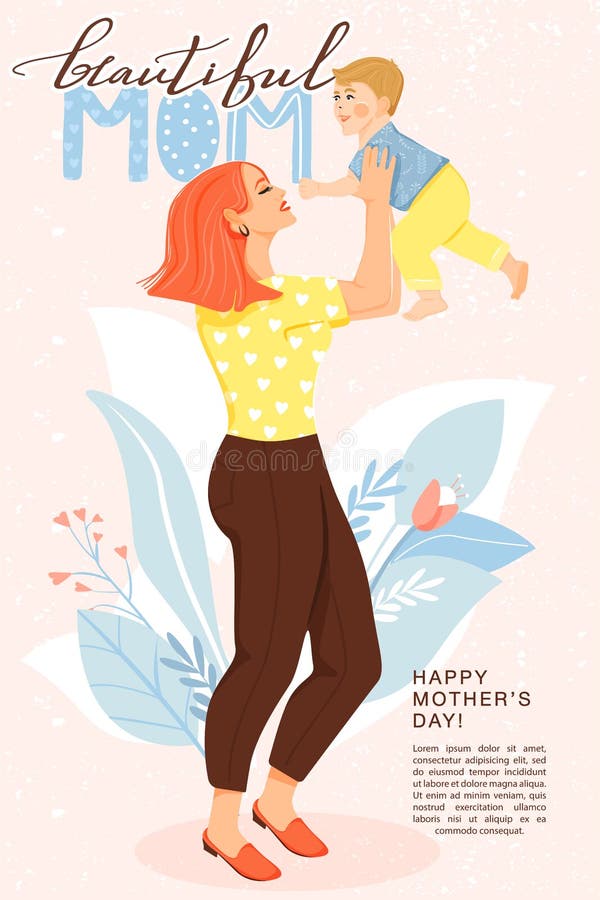 Happy Mother’s Day Greeting Card Beautiful Mother With Son Flowers