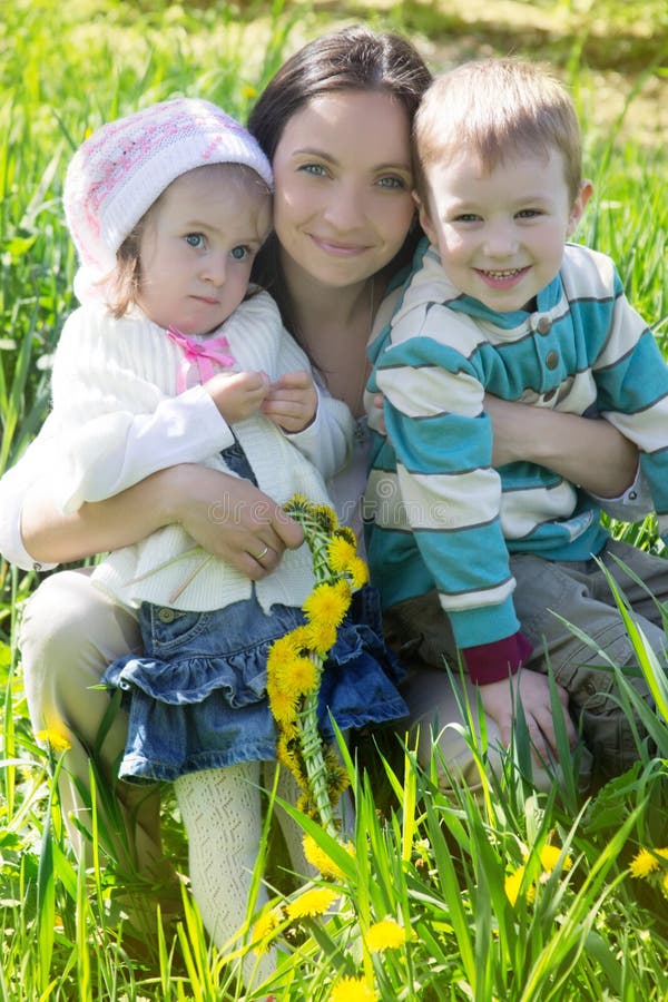 Happy Mother and Two Children Outdoor Stock Image - Image of female ...