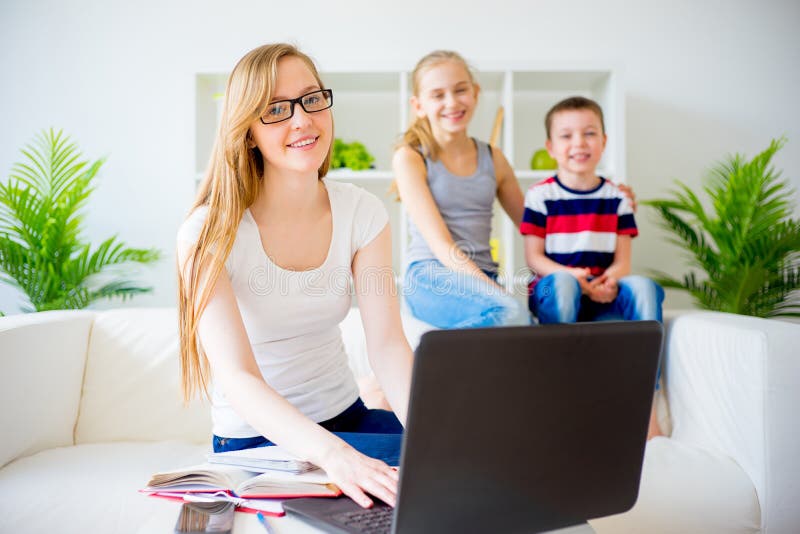 Happy Mother Working from Home Stock Photo - Image of notebook, laptop ...