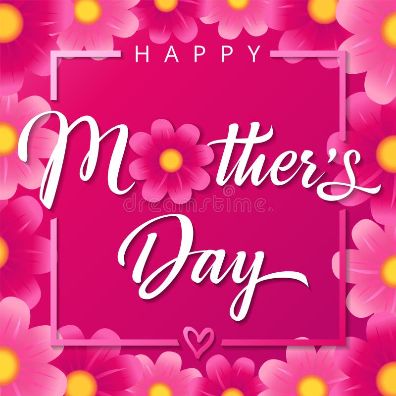Happy Mothers Day Pink Flowers Calligraphy Square Banner Stock Vector
