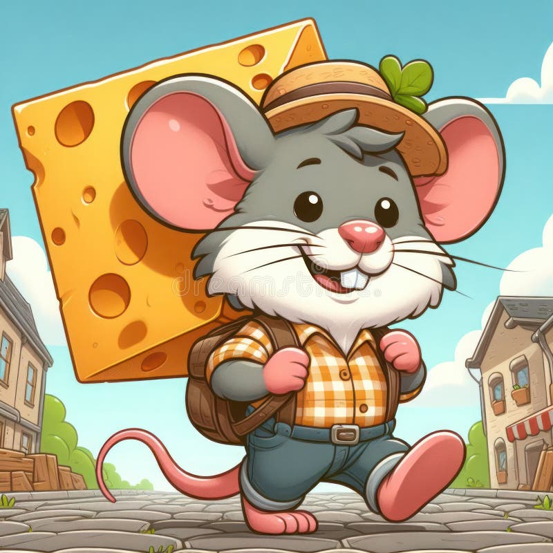 A Happy Mouse is Carrying a Large Piece of Cheese. Stock Illustration ...