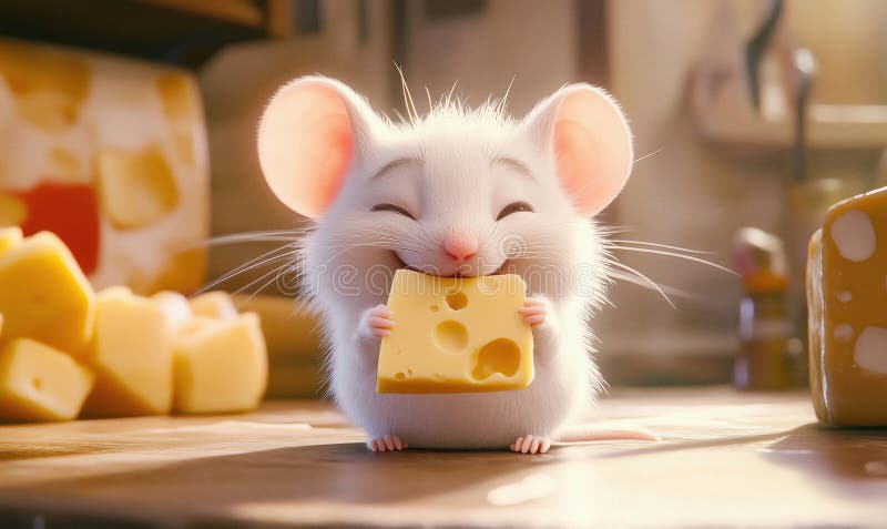 Happy Mouse Holding Cheese, Adorable Character in Kitchen Setting, Soft ...
