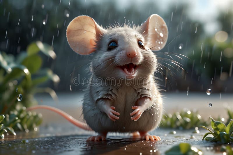 Happy Mouse in the Rain on a Summer Day Stock Image - Image of grey ...