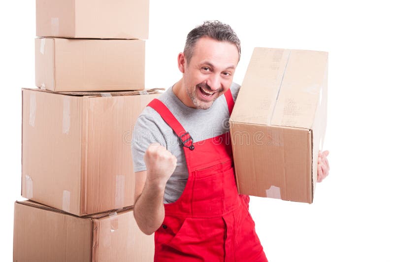 Happy Mover Guy Holding Box and Making Winning Gesture Stock Photo ...