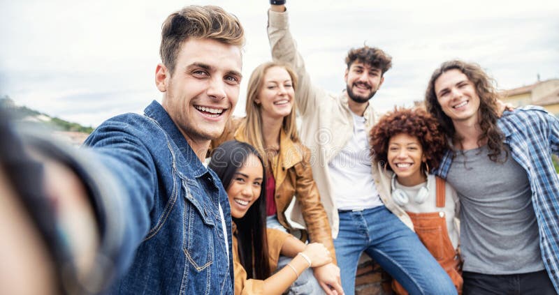 Multicultural Happy Friends Having Fun Taking Group Selfie Portrait On