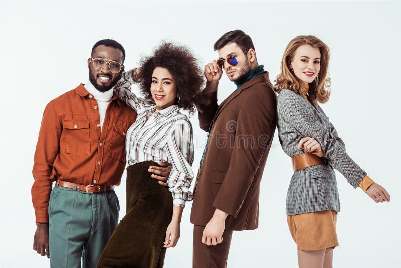 Happy Multicultural Retro Styled Friends Looking at Camera Stock Image ...