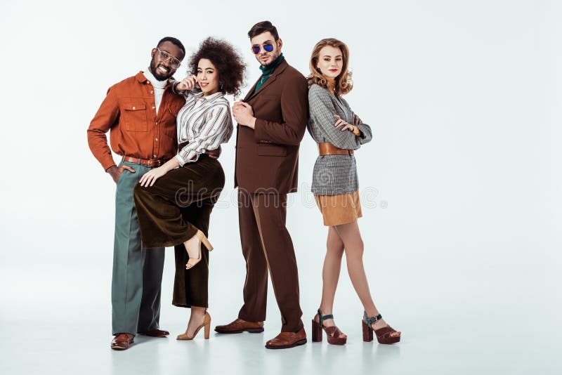 Happy Multicultural Retro Styled Friends Looking at Camera Stock Photo ...