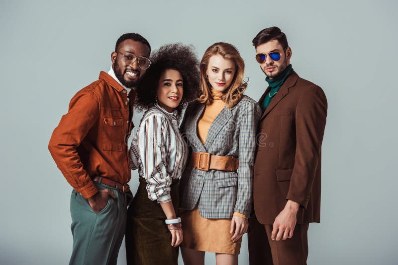 Happy Multicultural Retro Styled Friends Standing at Looking at Camera ...
