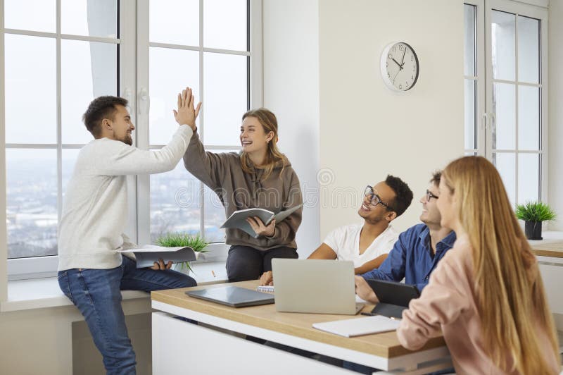 Happy Multiethnic Students Give High Five Stock Image - Image of ...