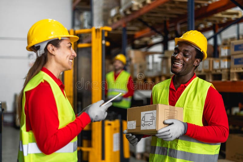 Happy Multiracial People Working Inside Logistic Warehouse Stock Photo ...