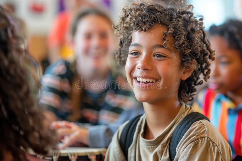 Happy Multiracial School Children Interacting in Classroom Setting ...