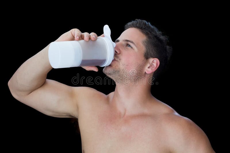 Happy Muscular Man Drinking Protein Drink Stock Photo - Image of toned ...