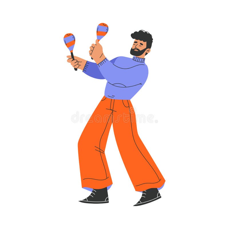 Happy Musical Bearded Man Character Standing And Playing Maraca Vector