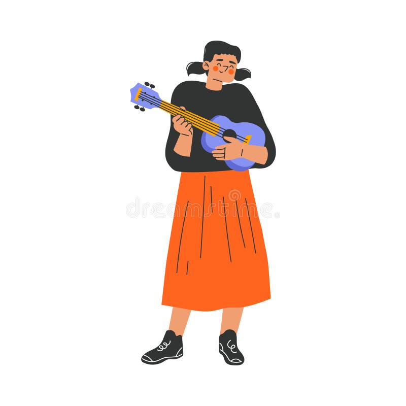 Happy Musical Woman Character Standing And Playing Ukulele Vector