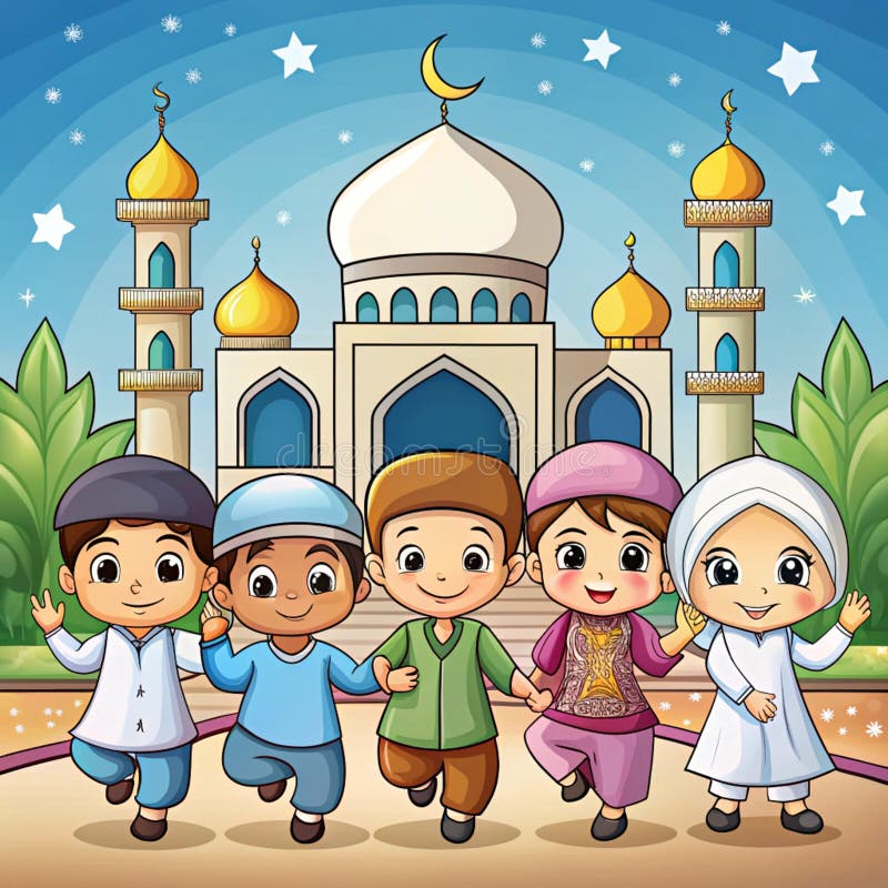 Happy Muslim Children Dancing Mosque Night Celebration Stock ...