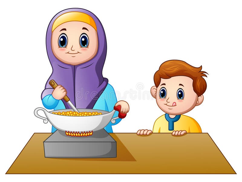 Happy Muslim Mom Cooking with Her Son Stock Vector - Illustration of ...