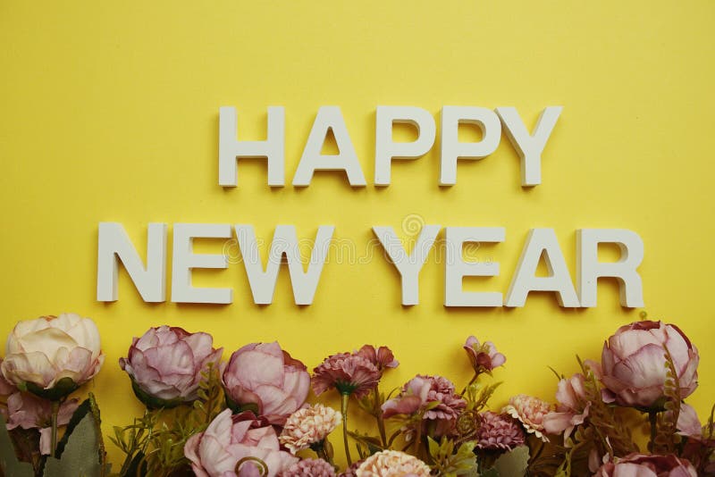 Happy New Year Alphabet Letters with Flower Frame on Yellow Background ...