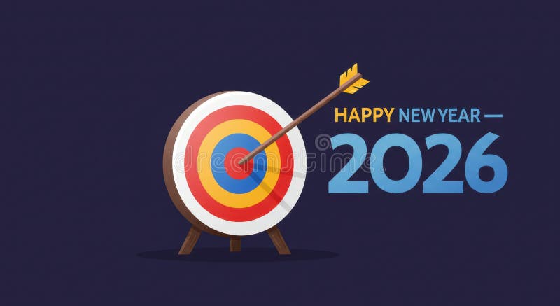 Happy New Year 2026: Arrow Hitting Bullseye on Target with Celebratory ...
