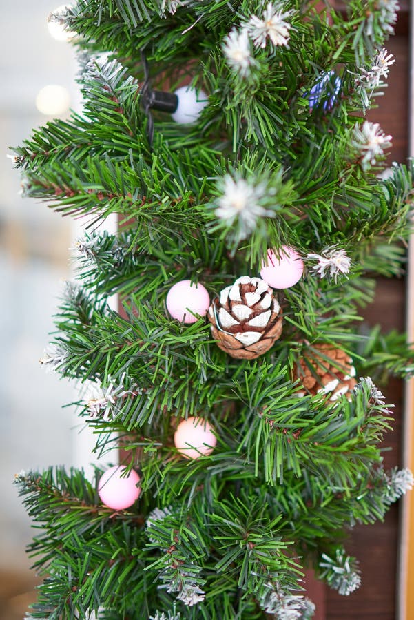 Happy New Year Artificial Spruce Branches and Cones on Wooden Corner ...