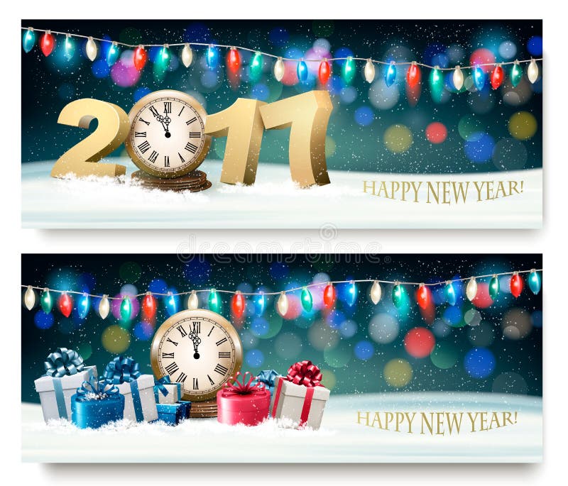 Happy New Year Banners with Presents and Fireworks. Stock Vector ...