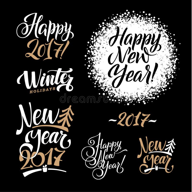 Happy New Year Calligraphy Set. Greeting Card Design Set on White ...