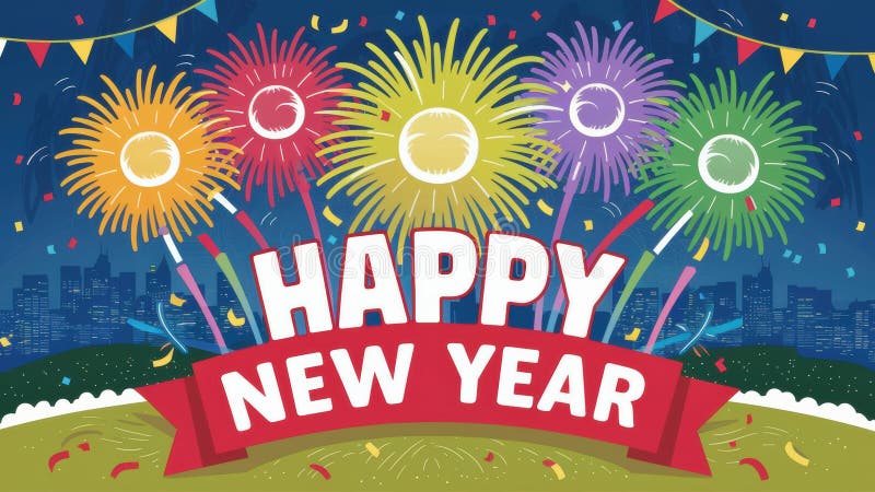 A Happy New Year Card with Fireworks and a Banner, AI Stock Image ...
